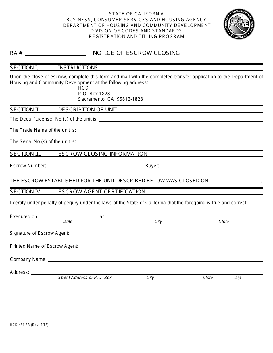 Form HCD481.8B - Fill Out, Sign Online and Download Printable PDF ...