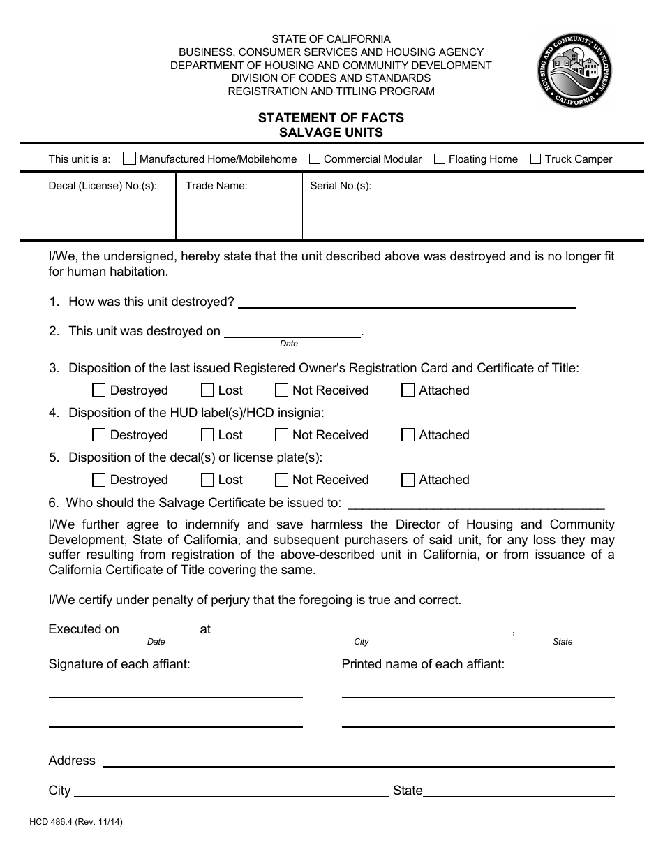 Form HCD486.4 - Fill Out, Sign Online and Download Printable PDF ...