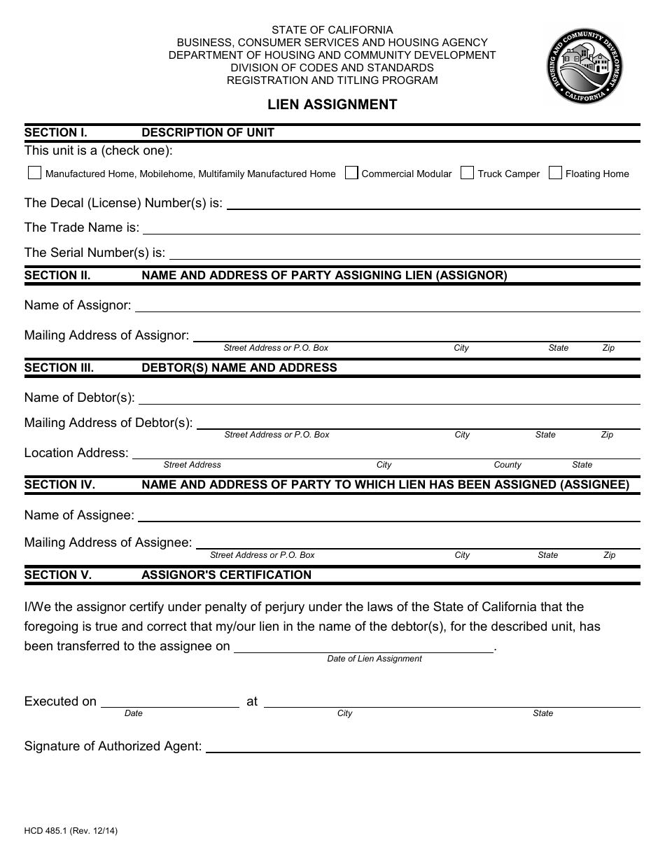 Form HCD485.1 - Fill Out, Sign Online and Download Printable PDF ...