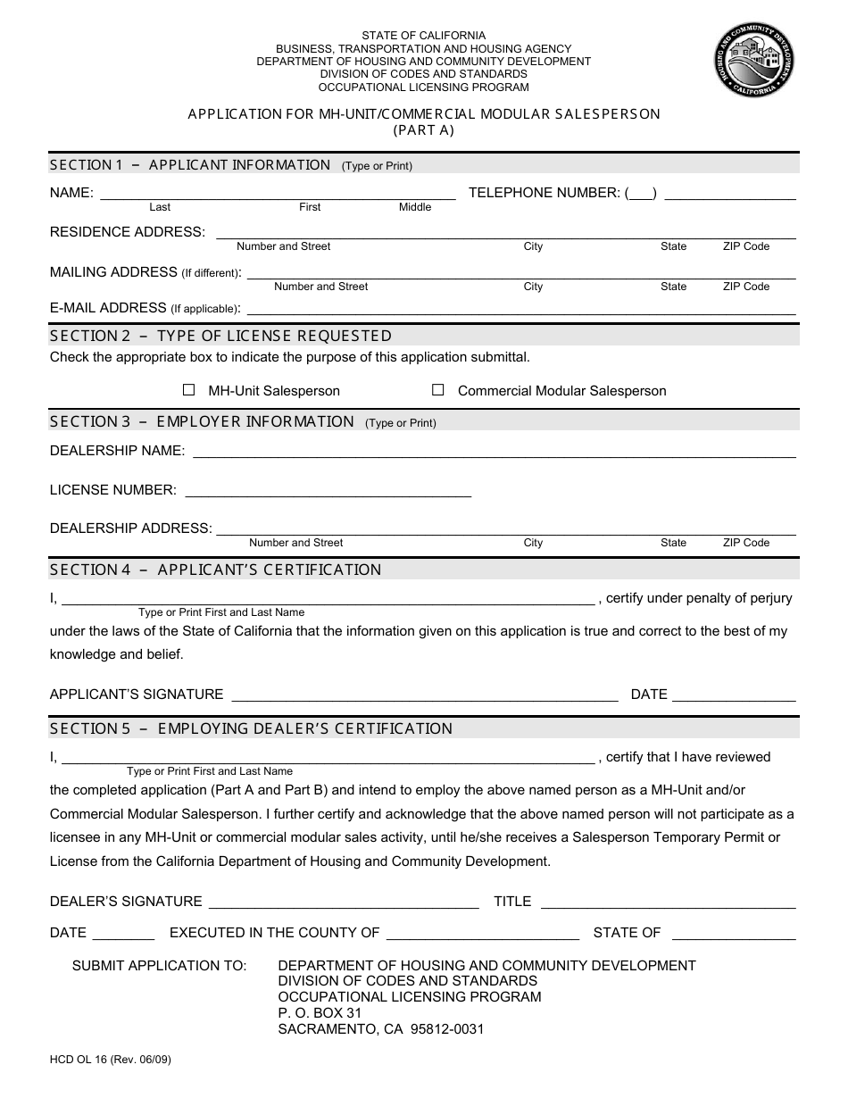 Form HCD OL16 - Fill Out, Sign Online and Download Printable PDF ...