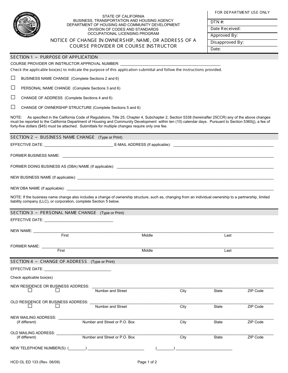 Form HCD OL ED133 - Fill Out, Sign Online and Download Printable PDF ...