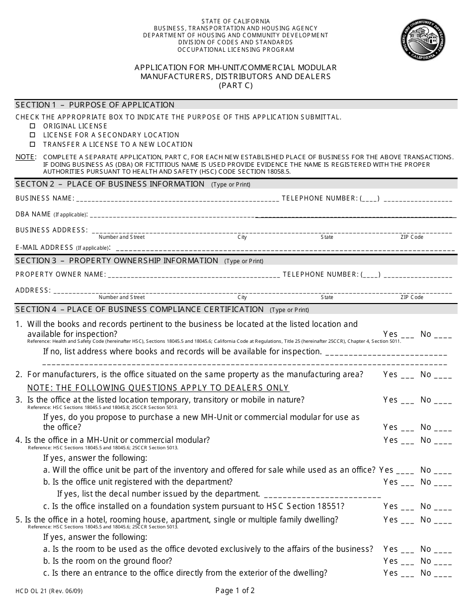 Form HCD OL21 - Fill Out, Sign Online and Download Printable PDF ...