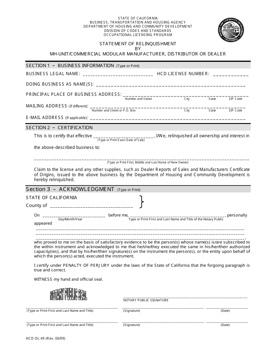 Form HCD OL49 - Fill Out, Sign Online and Download Printable PDF ...