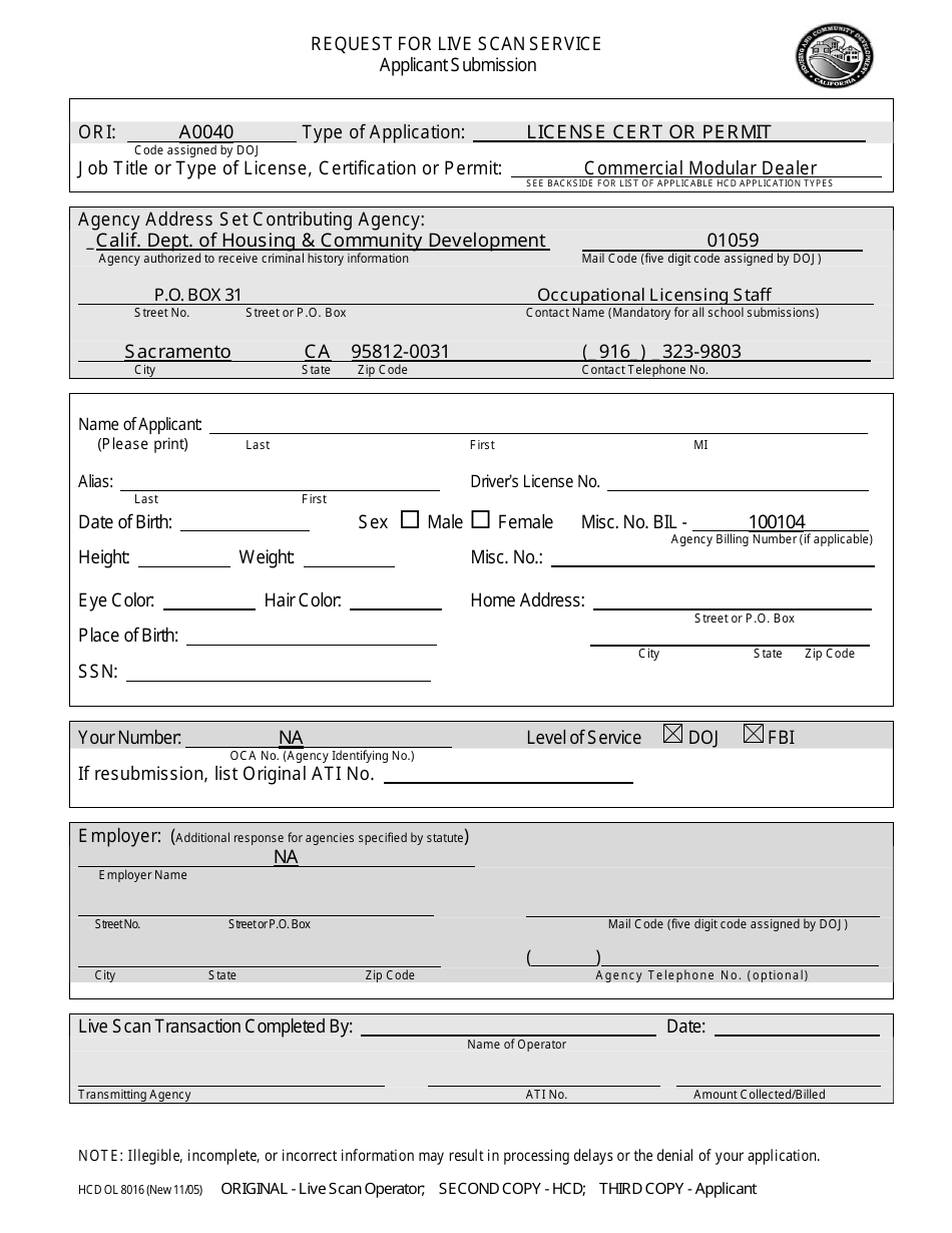 Form HCD OL8016 CM DL - Fill Out, Sign Online and Download Printable ...
