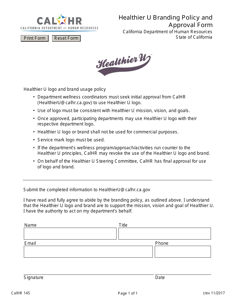 Form CALHR145 - Fill Out, Sign Online and Download Fillable PDF ...