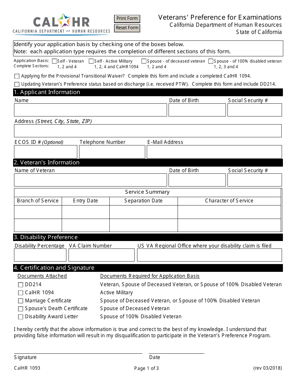 Form CALHR1093 - Fill Out, Sign Online and Download Fillable PDF ...