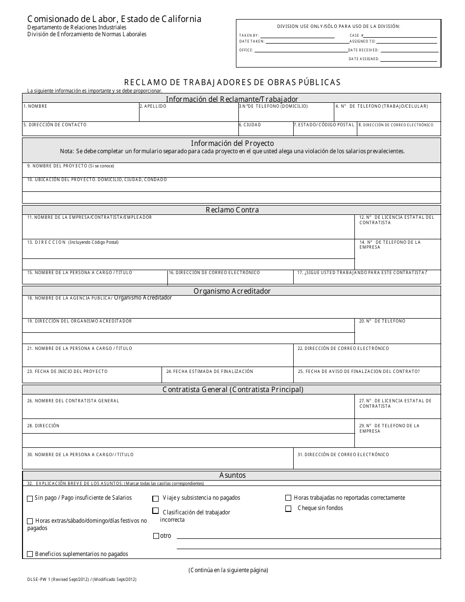 Formulario DLSE-PW1 - Fill Out, Sign Online and Download Fillable PDF ...