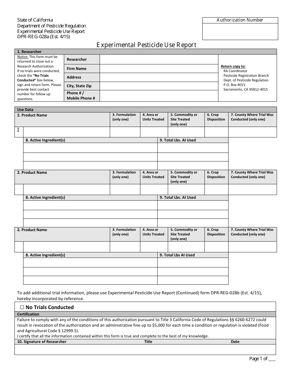 Form DPR-REG-028A - Fill Out, Sign Online and Download Fillable PDF ...