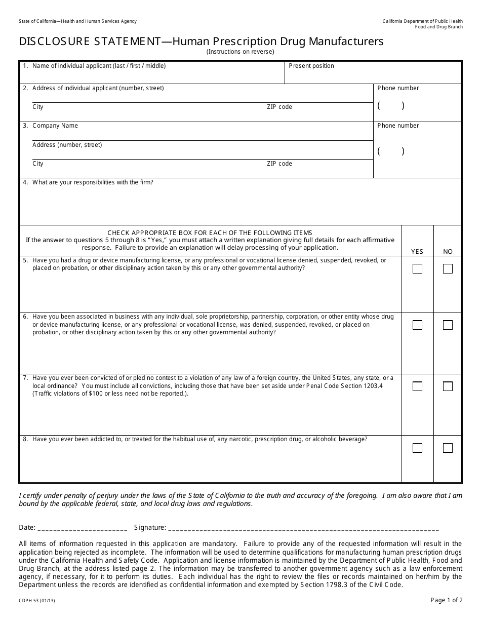 Form CDPH53 - Fill Out, Sign Online and Download Fillable PDF ...