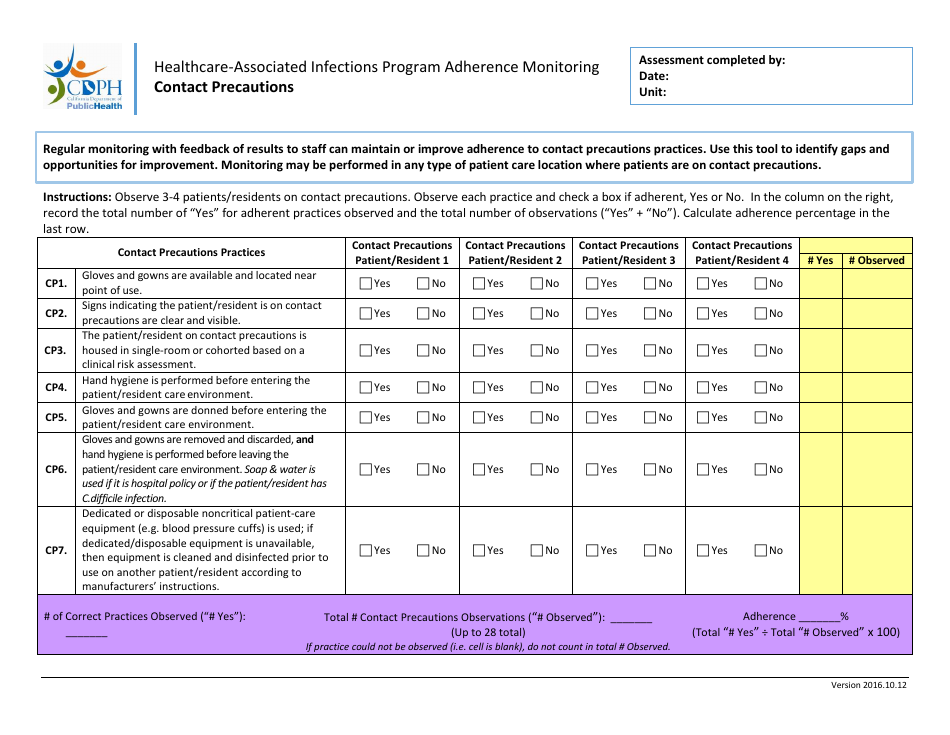 California Contact Precautions Adherence Monitoring Tool - Fill Out ... California Contact Precautions Adherence Monitoring Tool - Fill Out ...