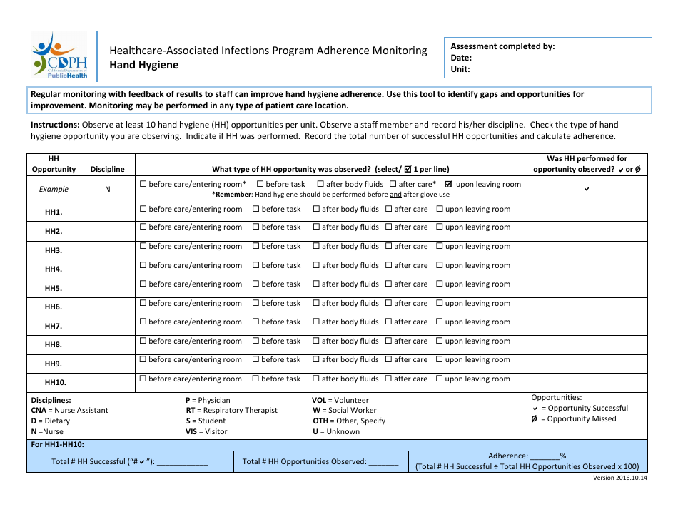 California Hand Hygiene Adherence Monitoring Tool Fill Out Sign 