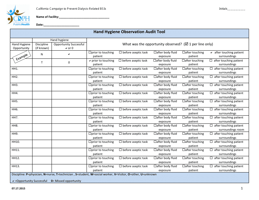 California Hand Hygiene Observation Audit Tool Download Printable PDF Templateroller