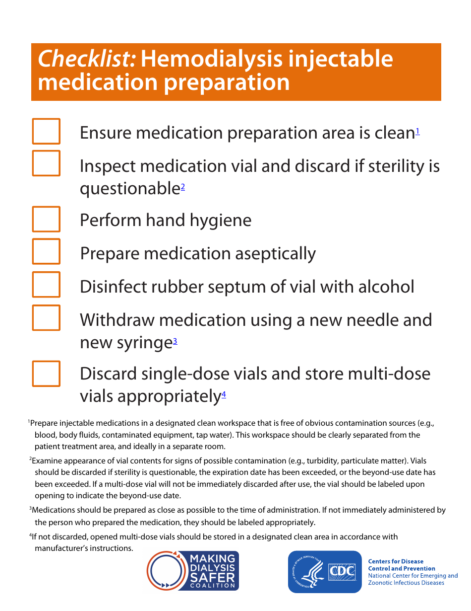 Checklist: Hemodialysis Injectable Medication Preparation - Fill Out ...