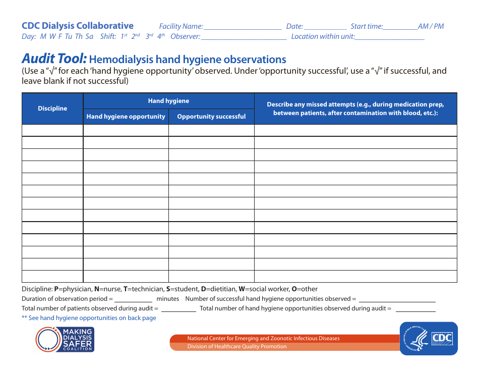 Audit Tool Hemodialisys Hand Hygiene Observations Download Printable PDF Templateroller