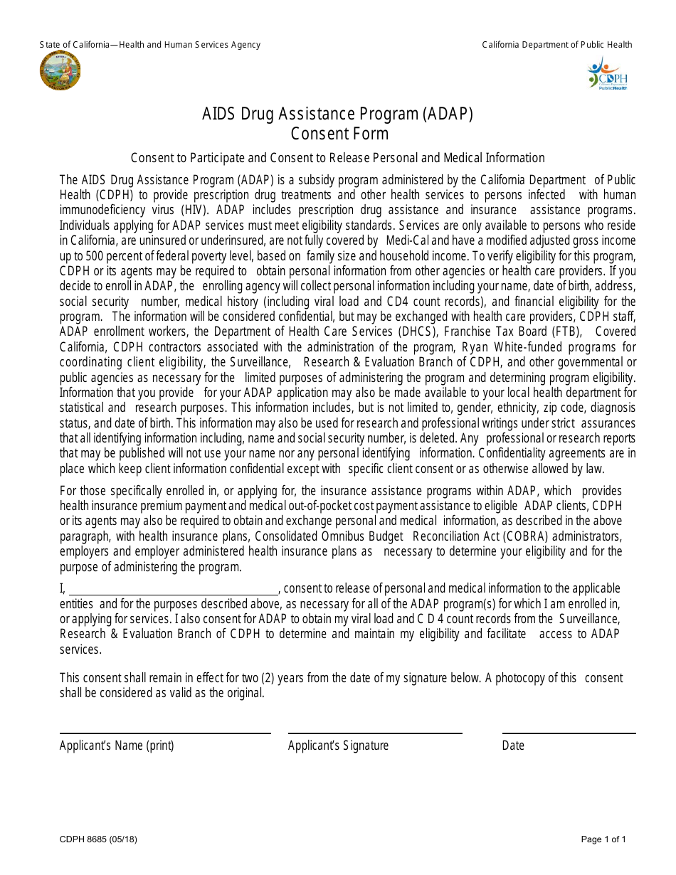 Form CDPH8685 Download Fillable PDF or Fill Online AIDS Drug Assistance ...