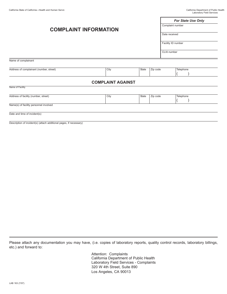 Form LAB163 - Fill Out, Sign Online and Download Fillable PDF ...