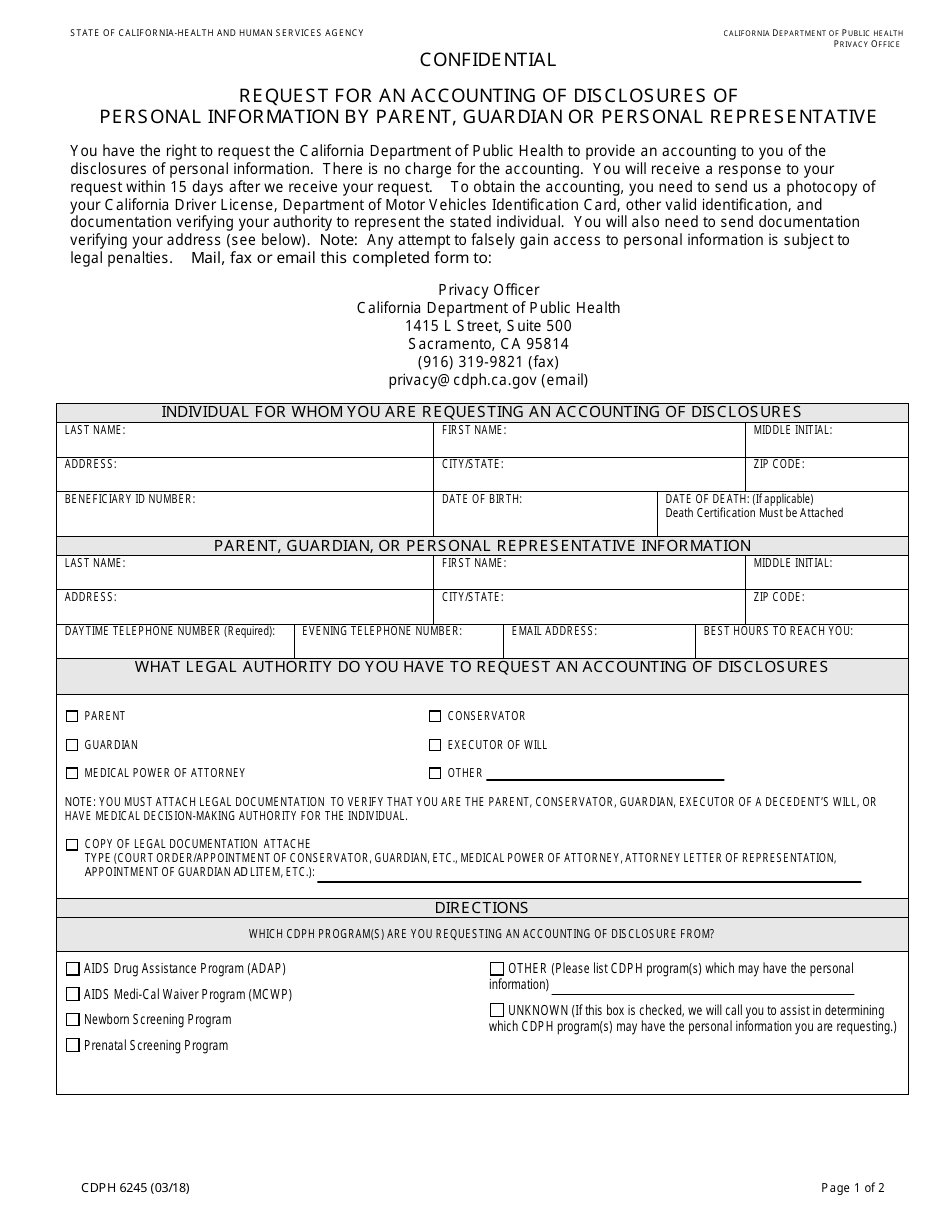 Form CDPH6245 - Fill Out, Sign Online and Download Fillable PDF, California | Templateroller