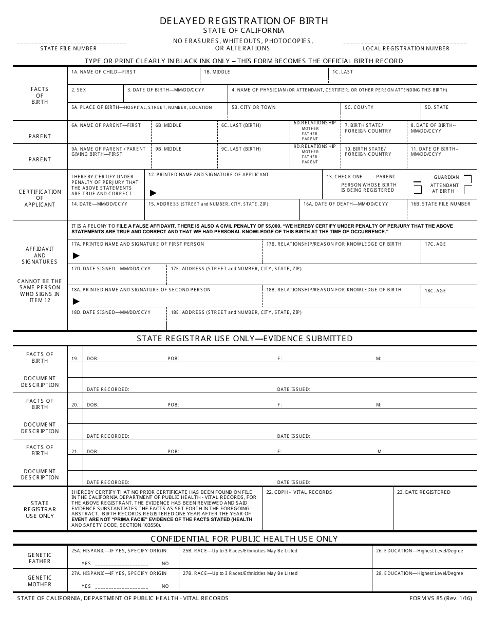 Form VS85 - Fill Out, Sign Online and Download Fillable PDF, California ...