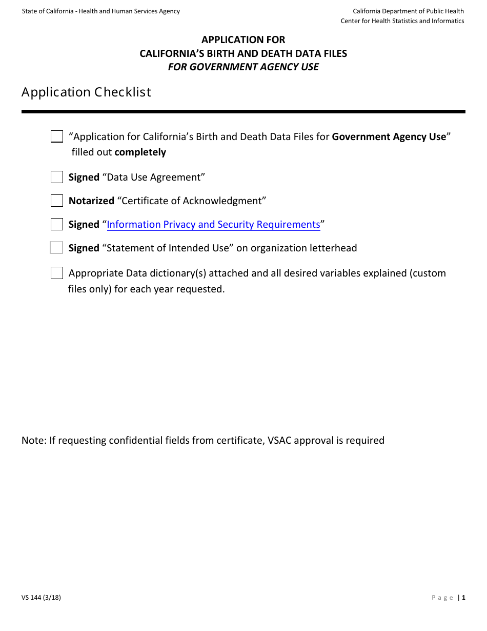Form VS144 - Fill Out, Sign Online and Download Fillable PDF ...
