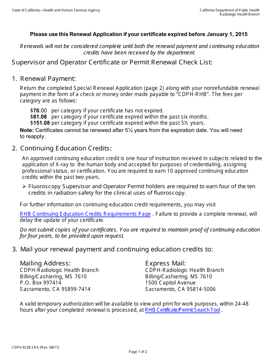 Form CDPH8238 SRA - Fill Out, Sign Online and Download Fillable PDF ...