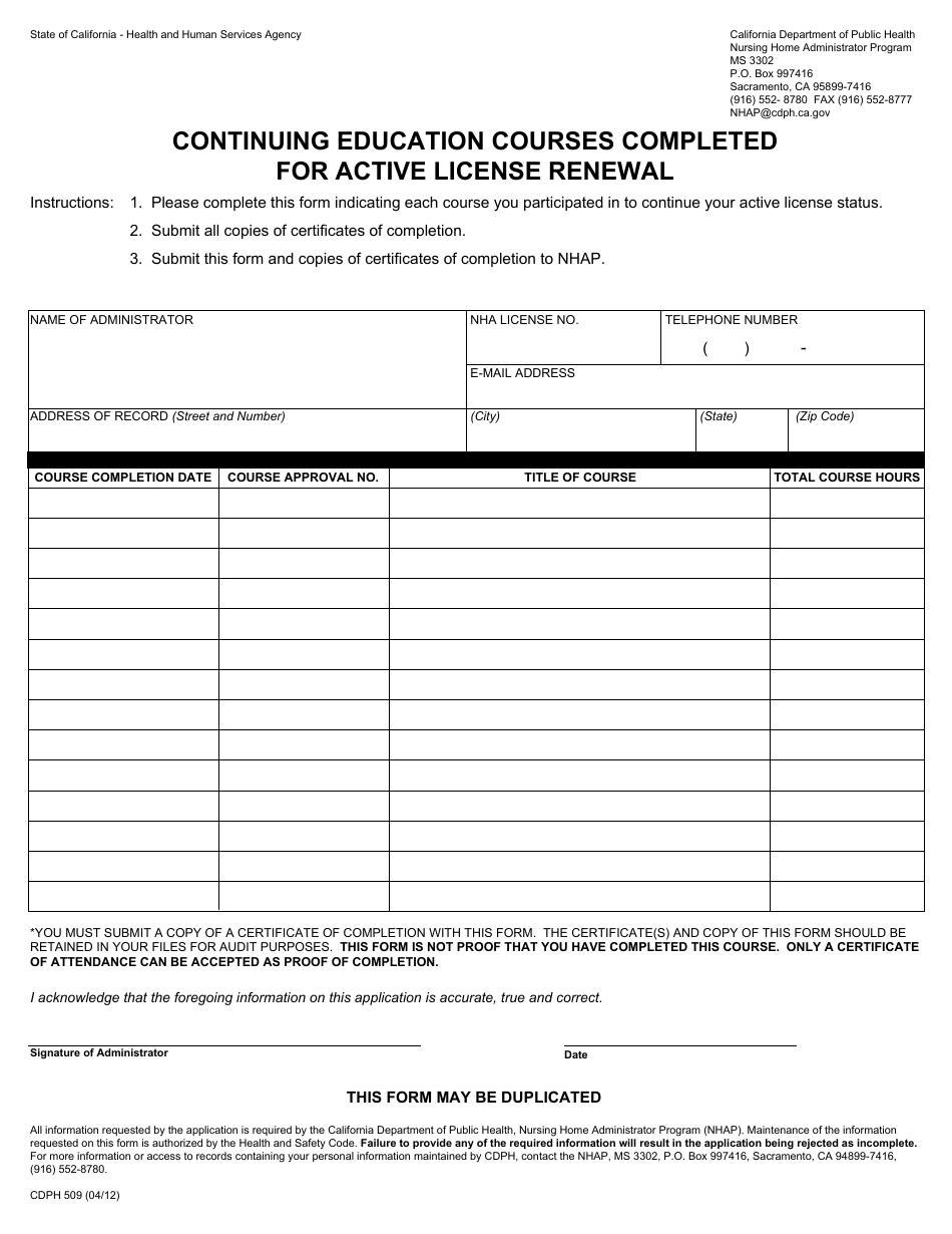 Form CDPH509 - Fill Out, Sign Online and Download Fillable PDF ...