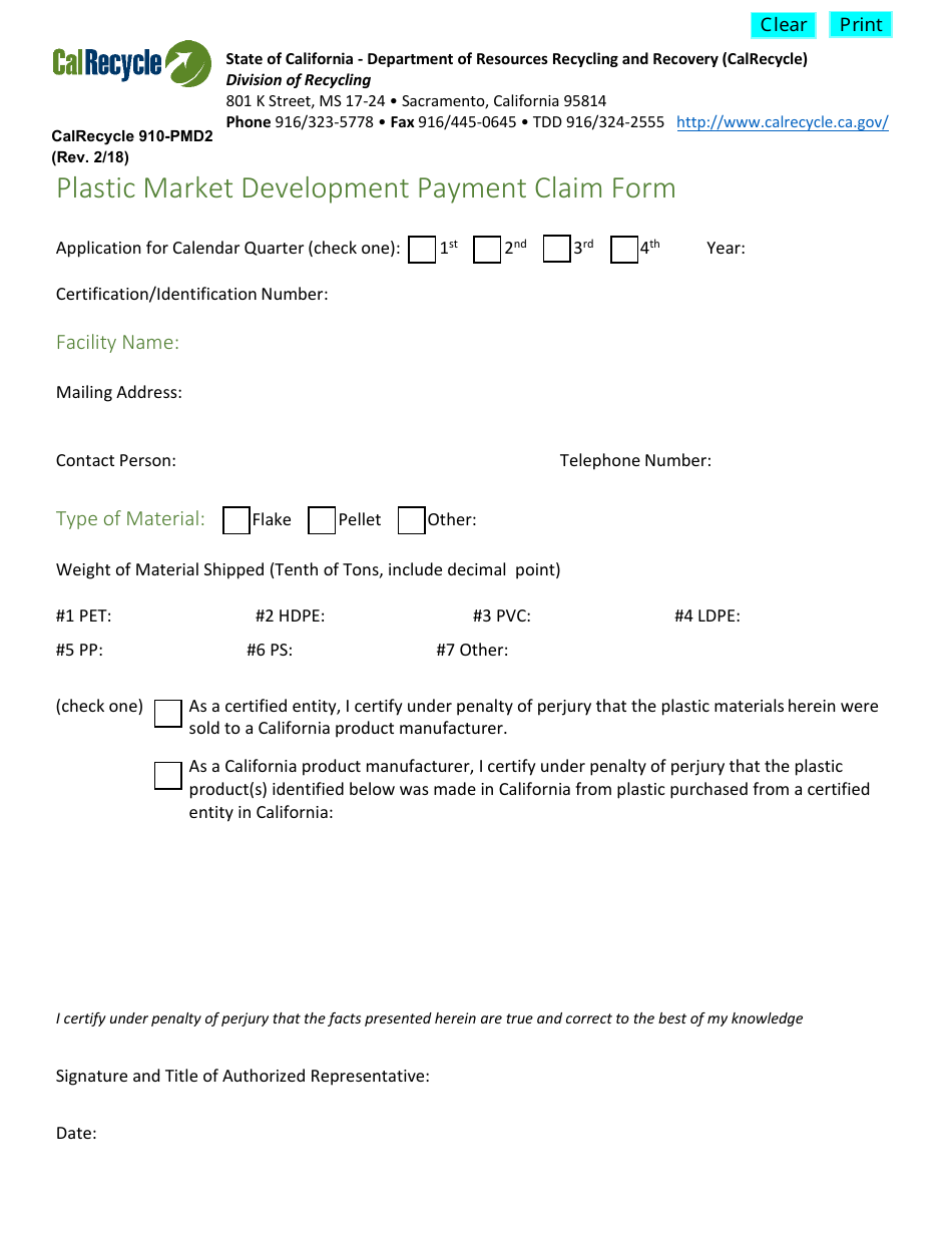 Form CalRecycle910-PMD2 - Fill Out, Sign Online and Download Printable ...
