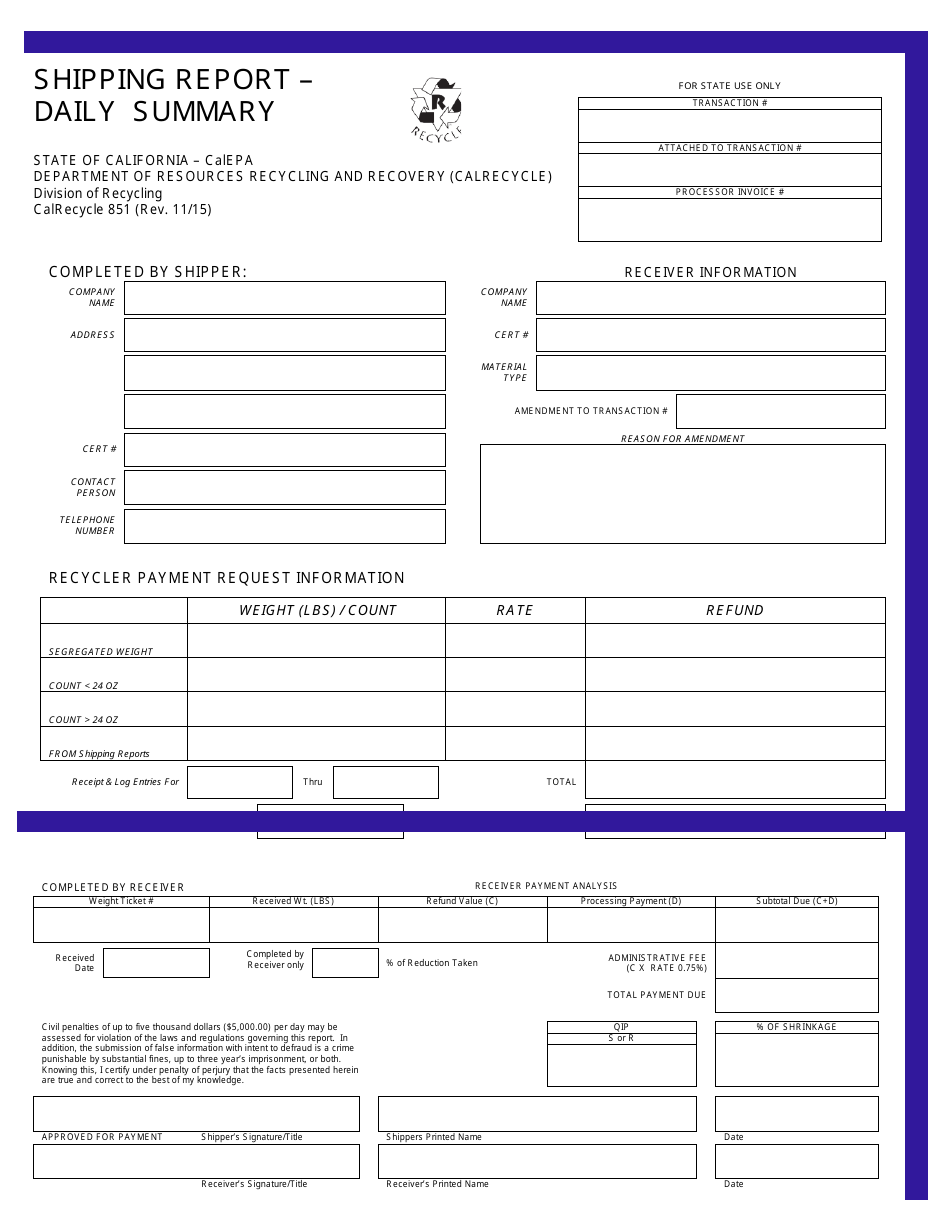 Form CalRecycle851 - Fill Out, Sign Online and Download Printable PDF, California | Templateroller