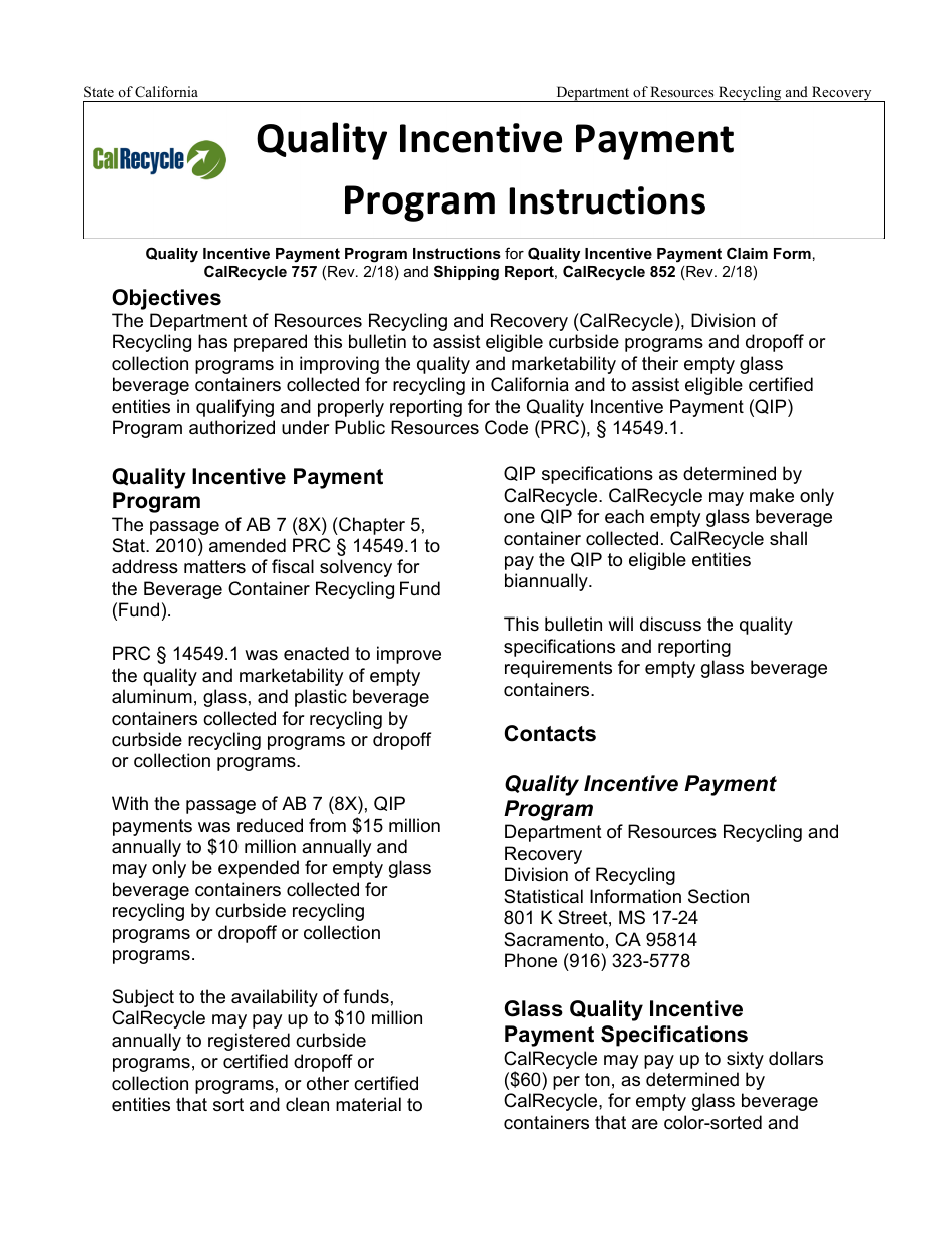 Download Instructions for Form CalRecycle757 Quality Incentive Payment ...