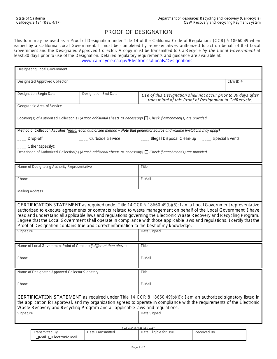 Form CalRecycle184 - Fill Out, Sign Online and Download Fillable PDF ...