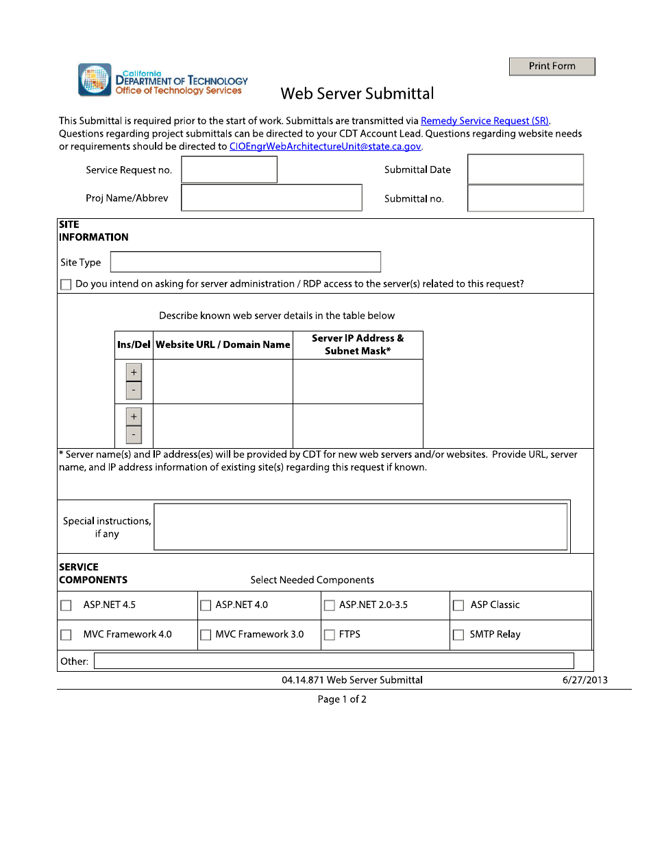 California Web Server Submittal Form Download Fillable PDF | Templateroller