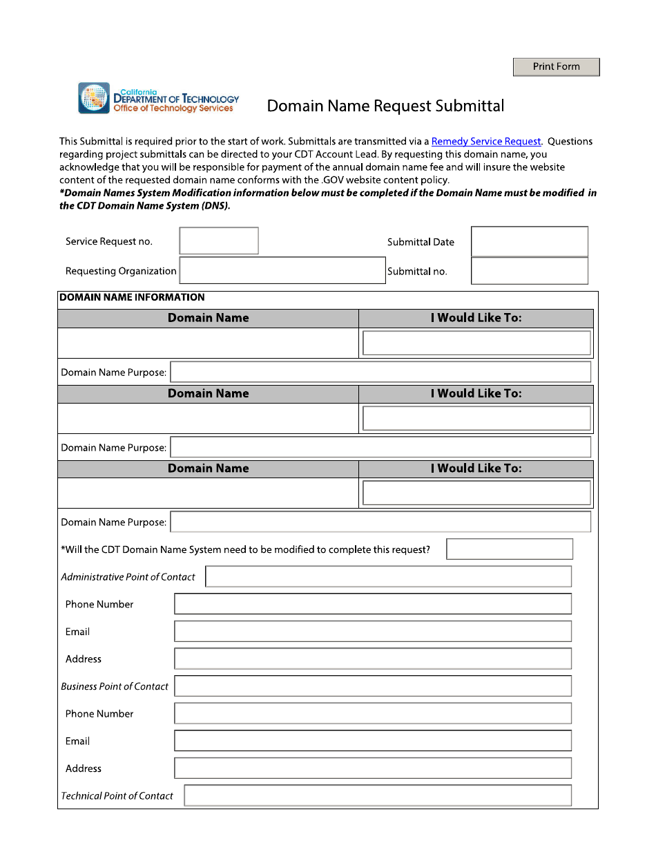 California Domain Name Request Submittal Form - Fill Out, Sign Online ...
