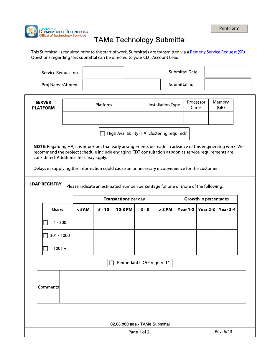 California Tame Technology Submittal Form - Fill Out, Sign Online and ...