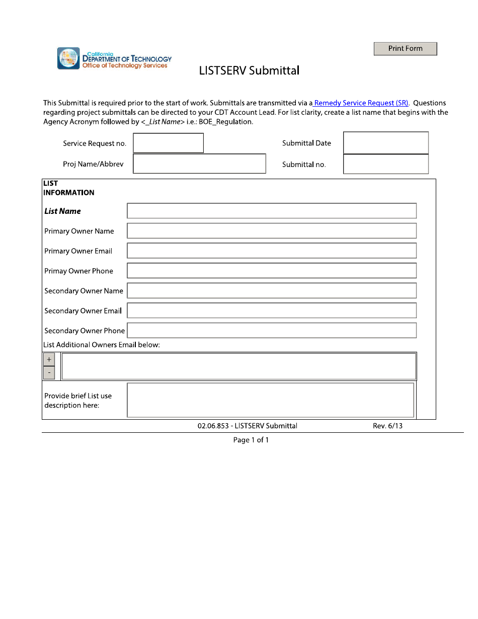 California Listserv Submittal Form - Fill Out, Sign Online and Download ...