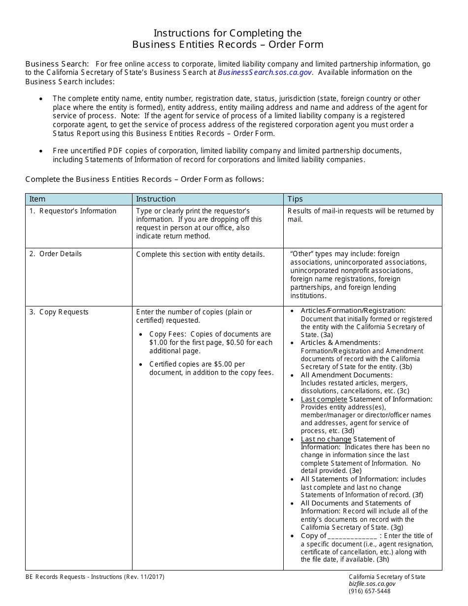 California Business Entities Records - Order Form - Fill Out, Sign ...