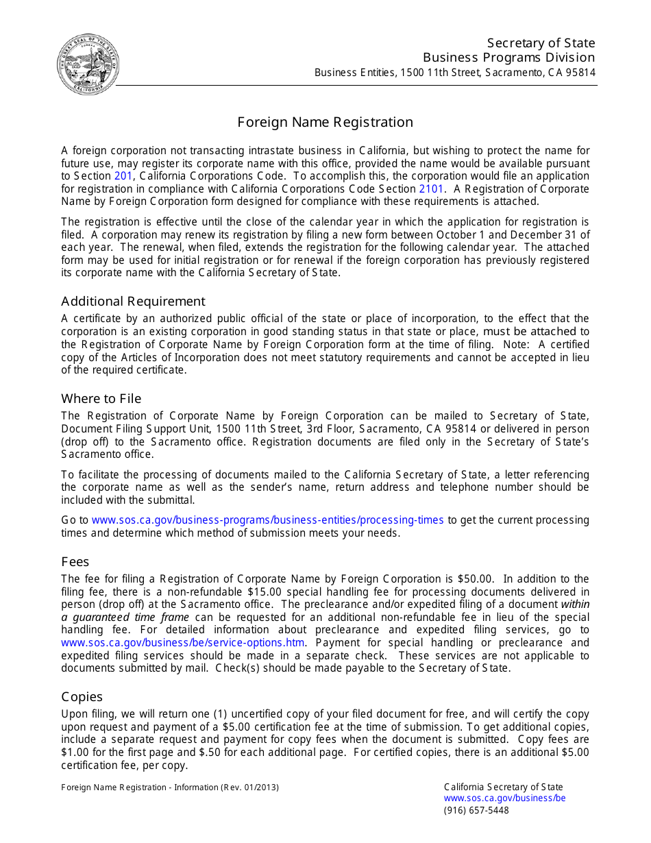 California Registration of Corporation Name by Foreign Corporation Form ...
