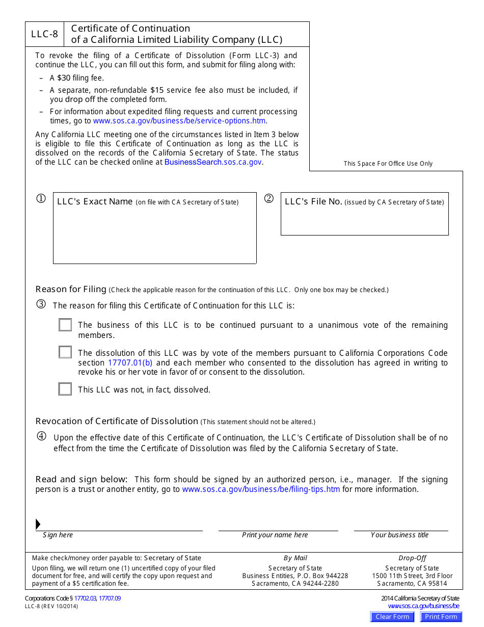 Form LLC-8 - Fill Out, Sign Online and Download Fillable PDF ...