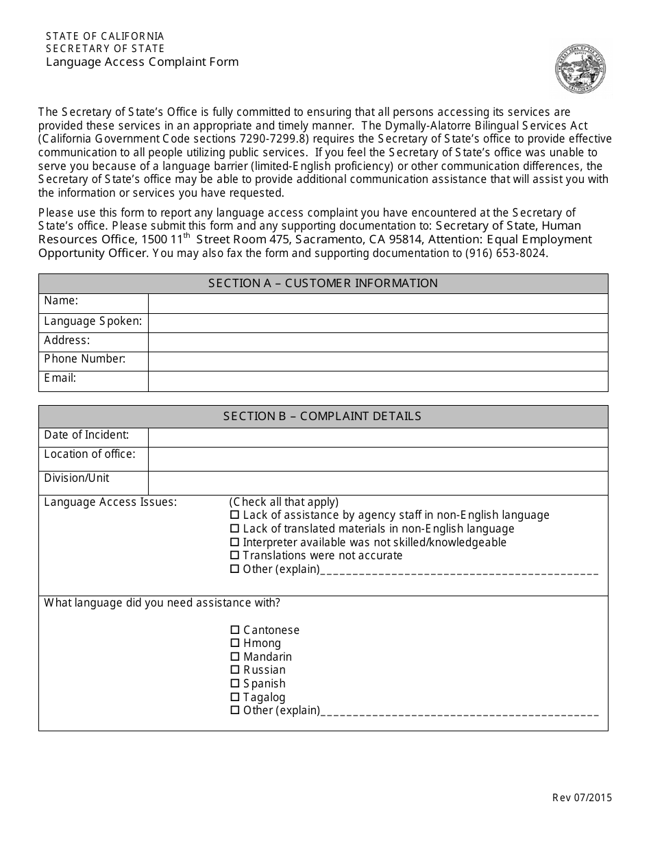 California Language Access Complaint Form - Fill Out, Sign Online and ...