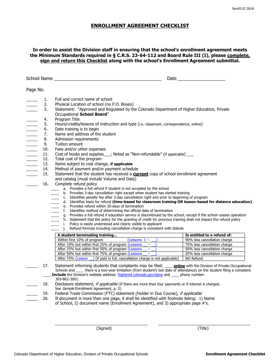 Colorado Enrollment Agreement Checklist - Fill Out, Sign Online and ...