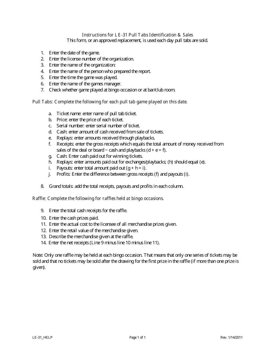 Download Instructions for Form LE-31 Pull Tabs Identification & Sales ...