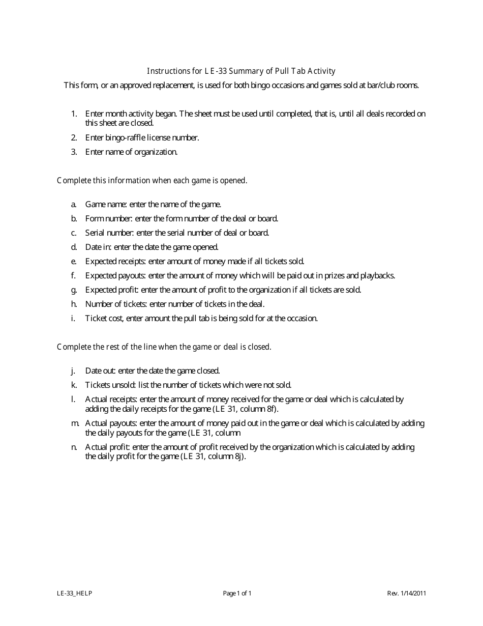 Download Instructions for Form LE-33 Summary of Pull-Tab Activity PDF ...