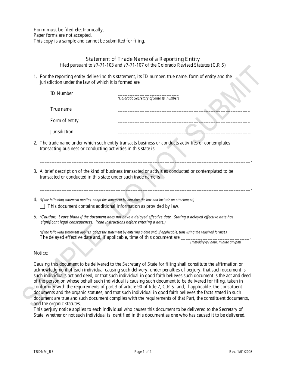 Colorado Statement of Trade Name of a Reporting Entity - Sample - Fill ...