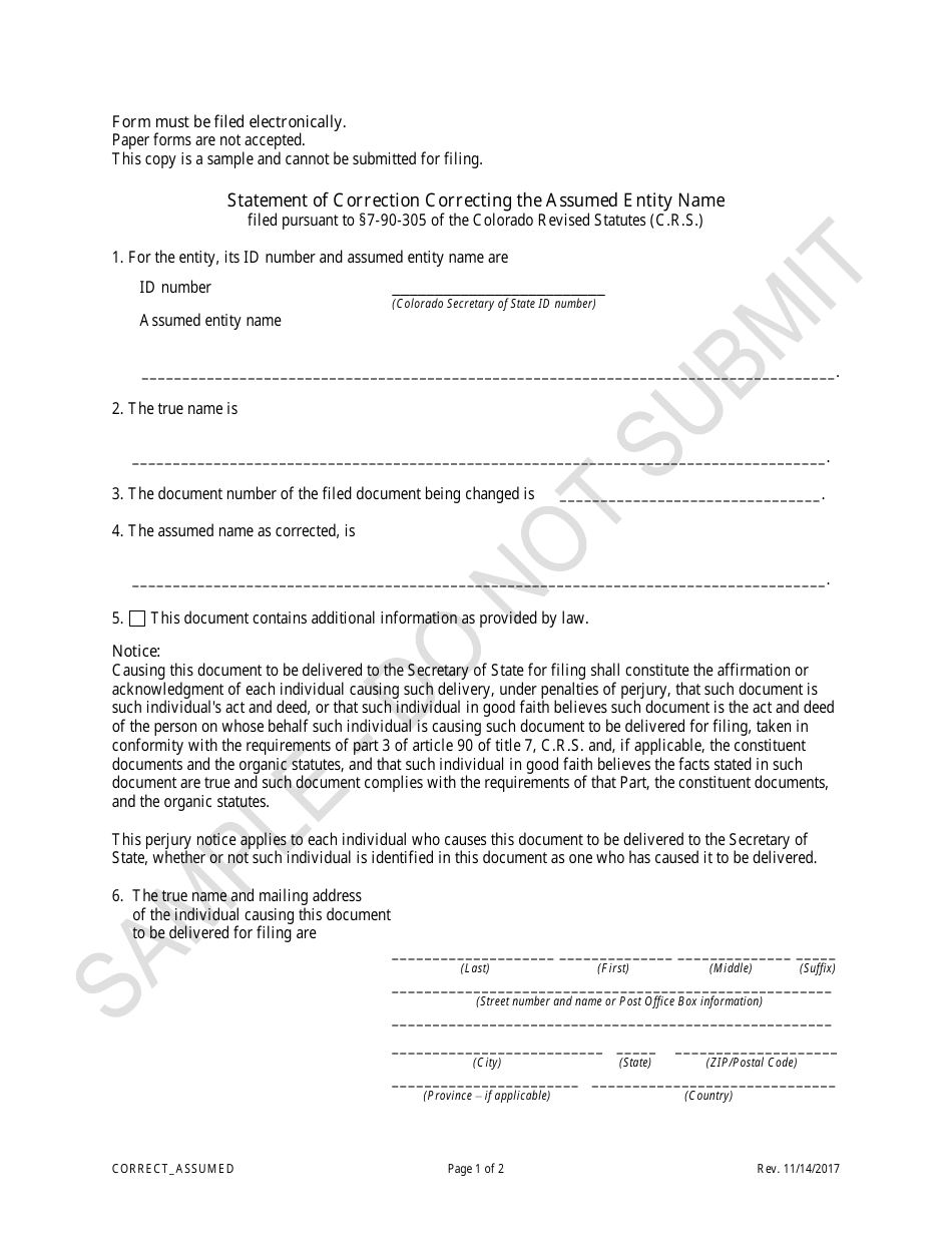 Colorado Statement of Correction Correcting the Assumed Entity Name ...