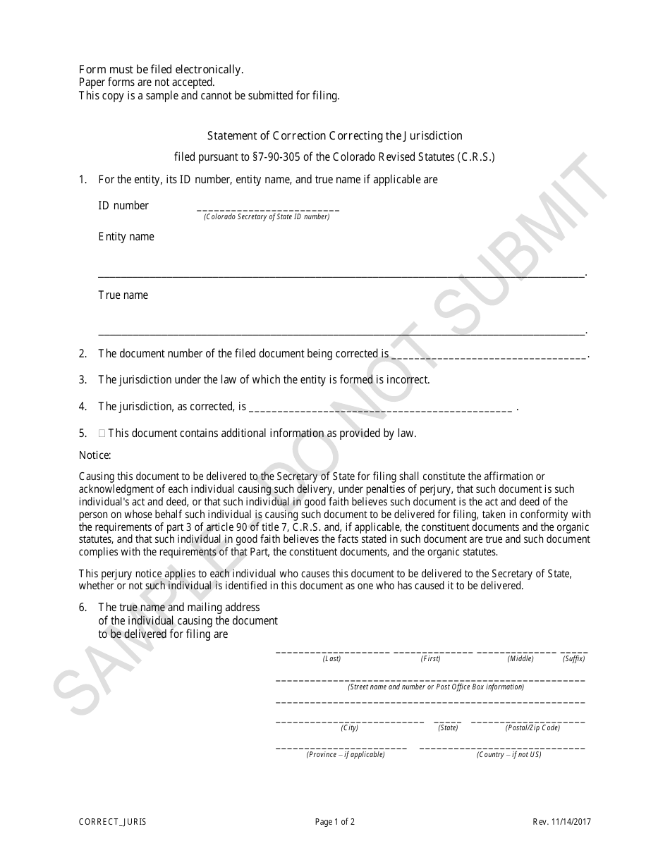 Colorado Statement of Correction Correcting the Jurisdiction - Sample ...