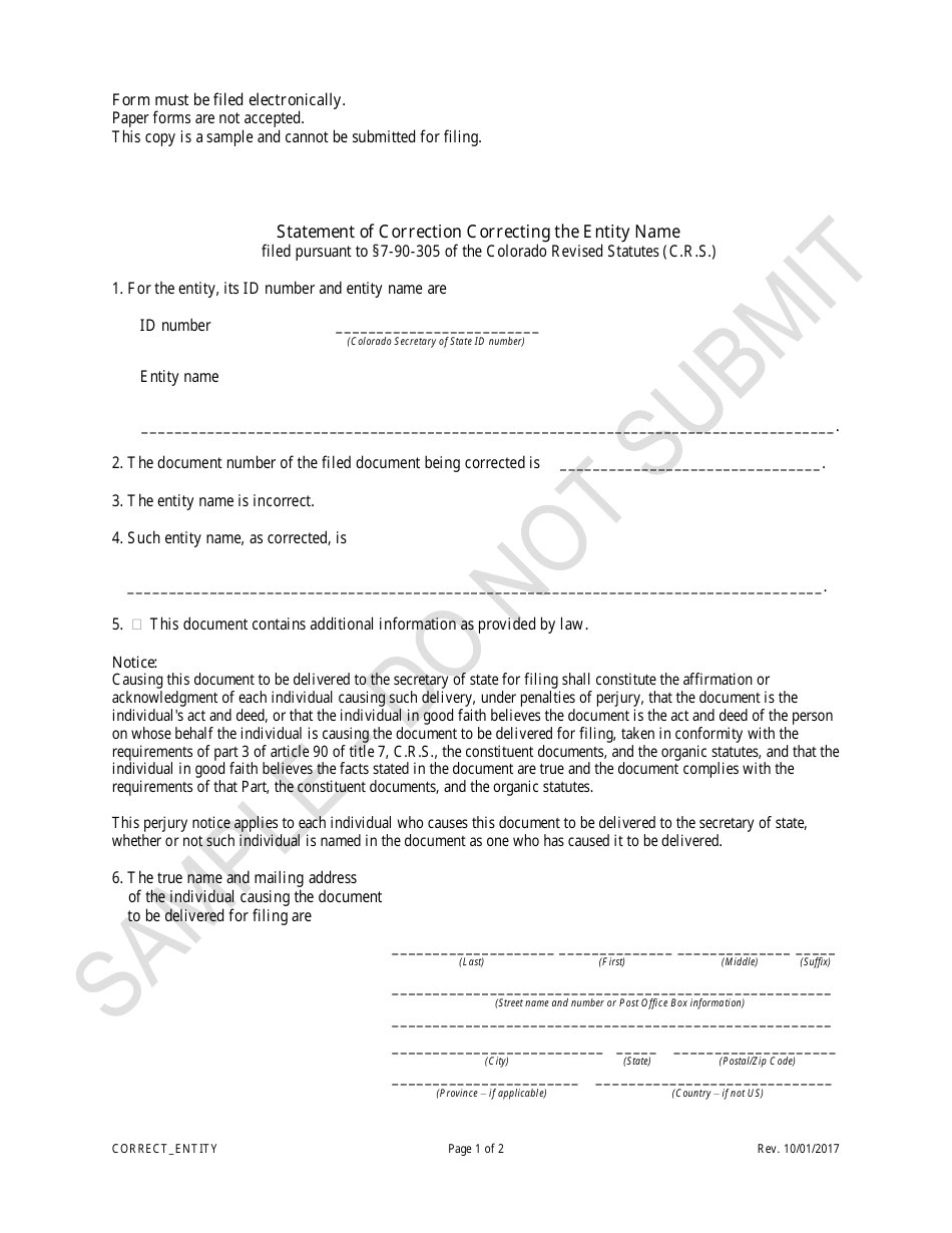 Colorado Statement of Correction Correcting the Entity Name - Sample ...