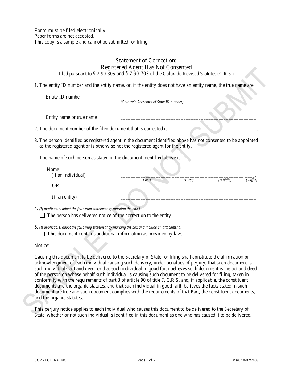 Colorado Statement of Correction: Registered Agent Has Not Consented ...