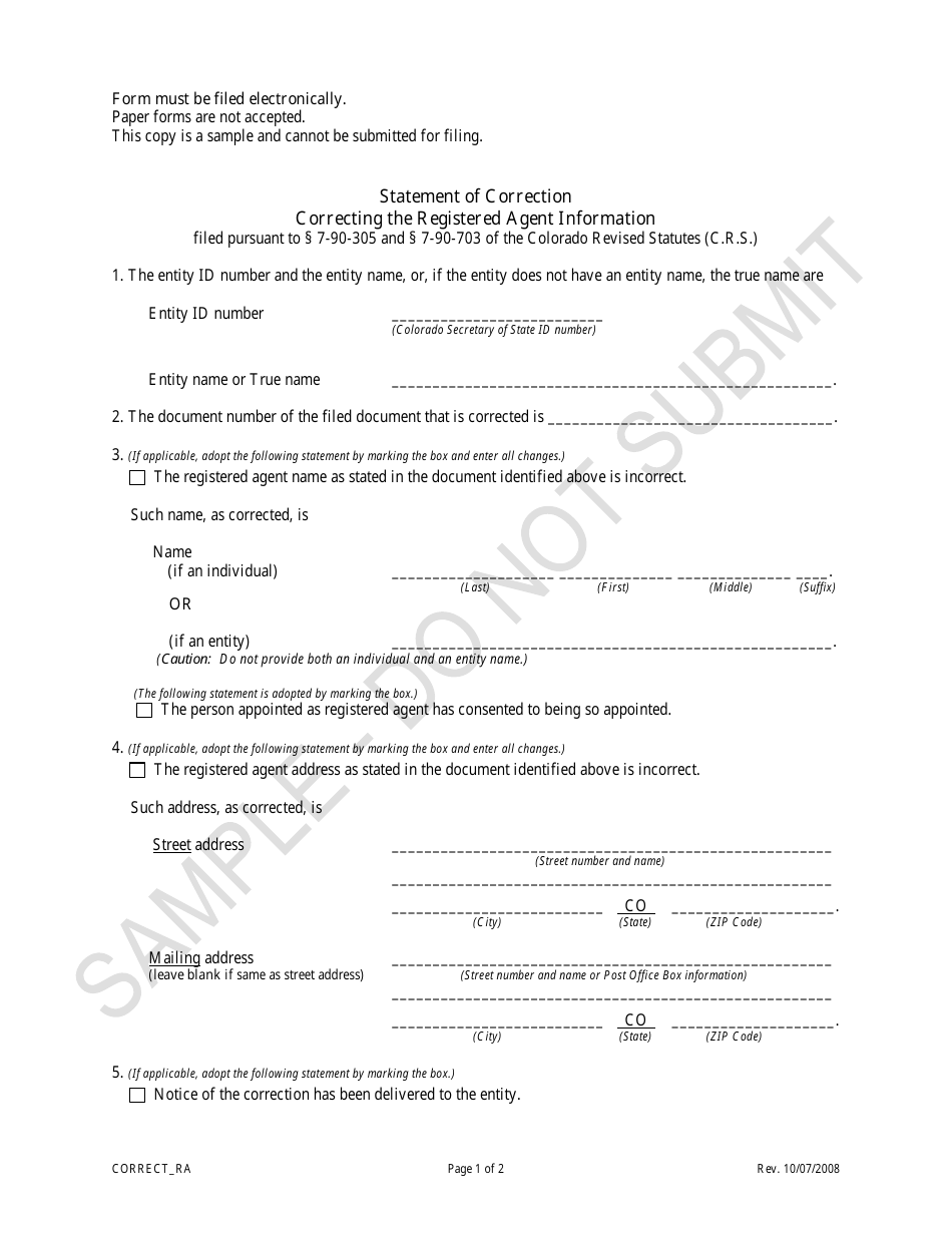 Colorado Statement of Correction Correcting the Registered Agent ...