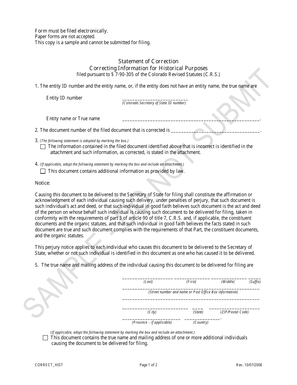 Colorado Statement of Correction Correcting Information for Historical ...