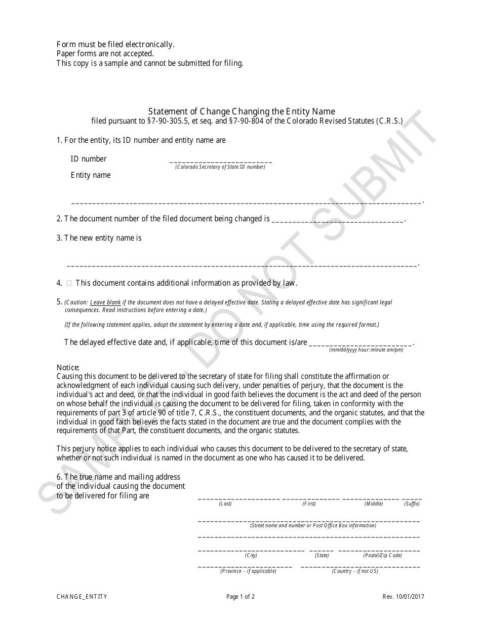 Colorado Statement of Change Changing the Entity Name - Limited ...