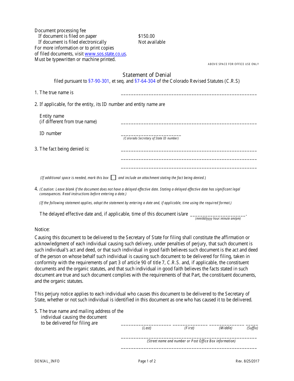 Colorado Statement of Denial - Fill Out, Sign Online and Download PDF ...