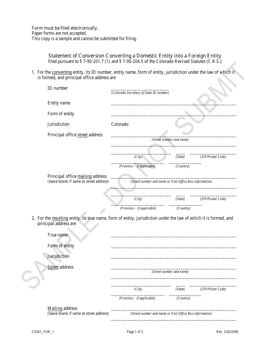 Colorado Statement of Conversion Converting a Domestic Entity Into a ...